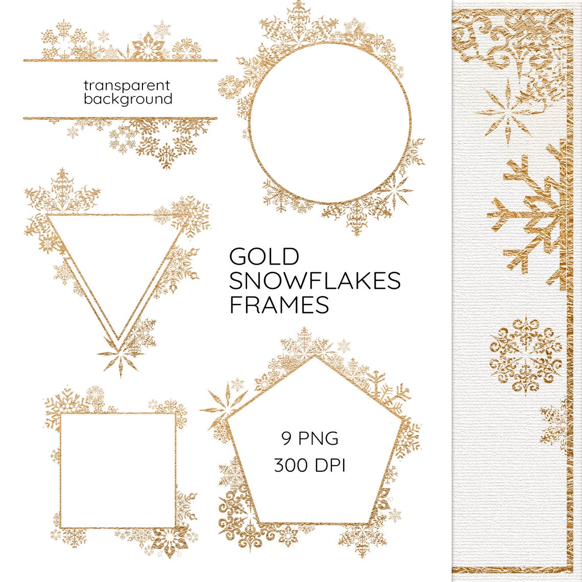 Gold Crystal Frames Clipart Snowflakes Clip Art Snowflakes | Etsy