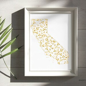 Watercolor California Map Clipart, California Map With Gold Foil Leaves ...