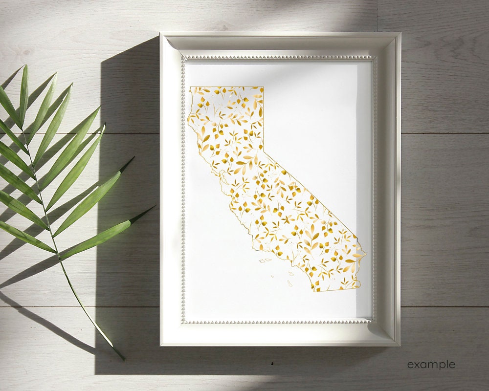 Watercolor California Map Clipart, California Map With Gold Foil Leaves ...