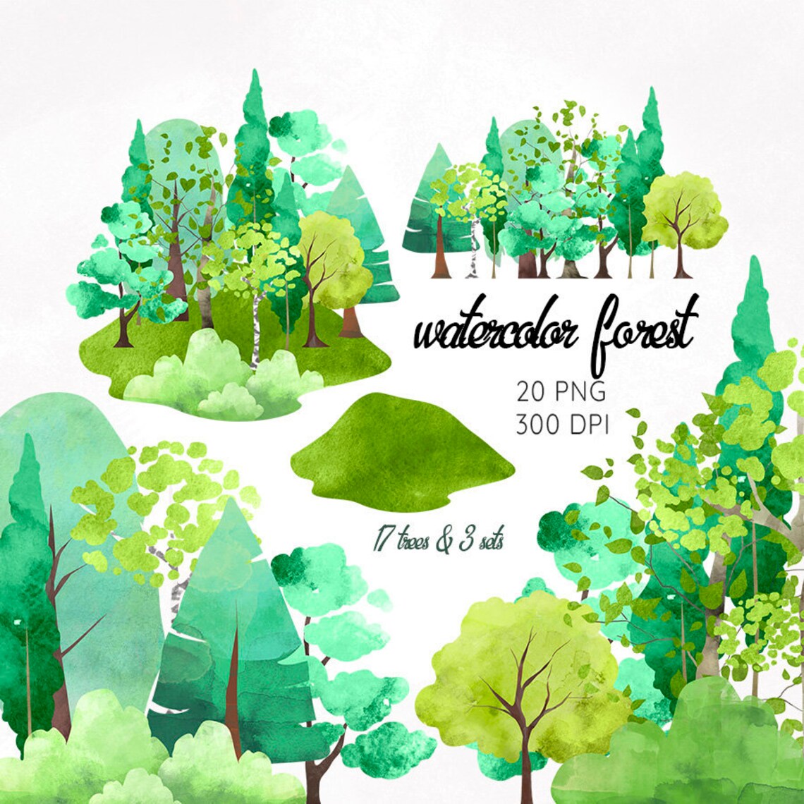 Trees Clip Art Watercolor Fores Clipart Trees Grapchics - Etsy
