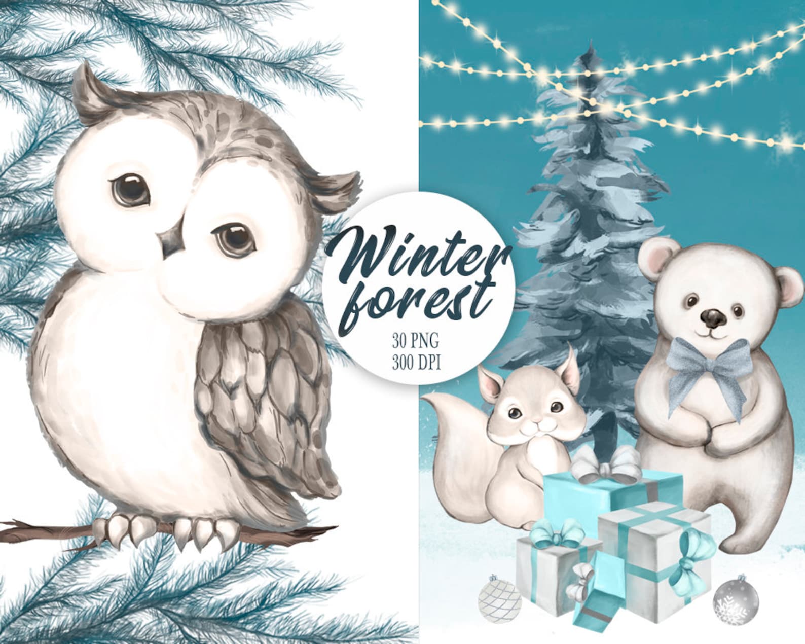 Woodland Winter Animals Clipart Watercolor Christmas Animal - Etsy