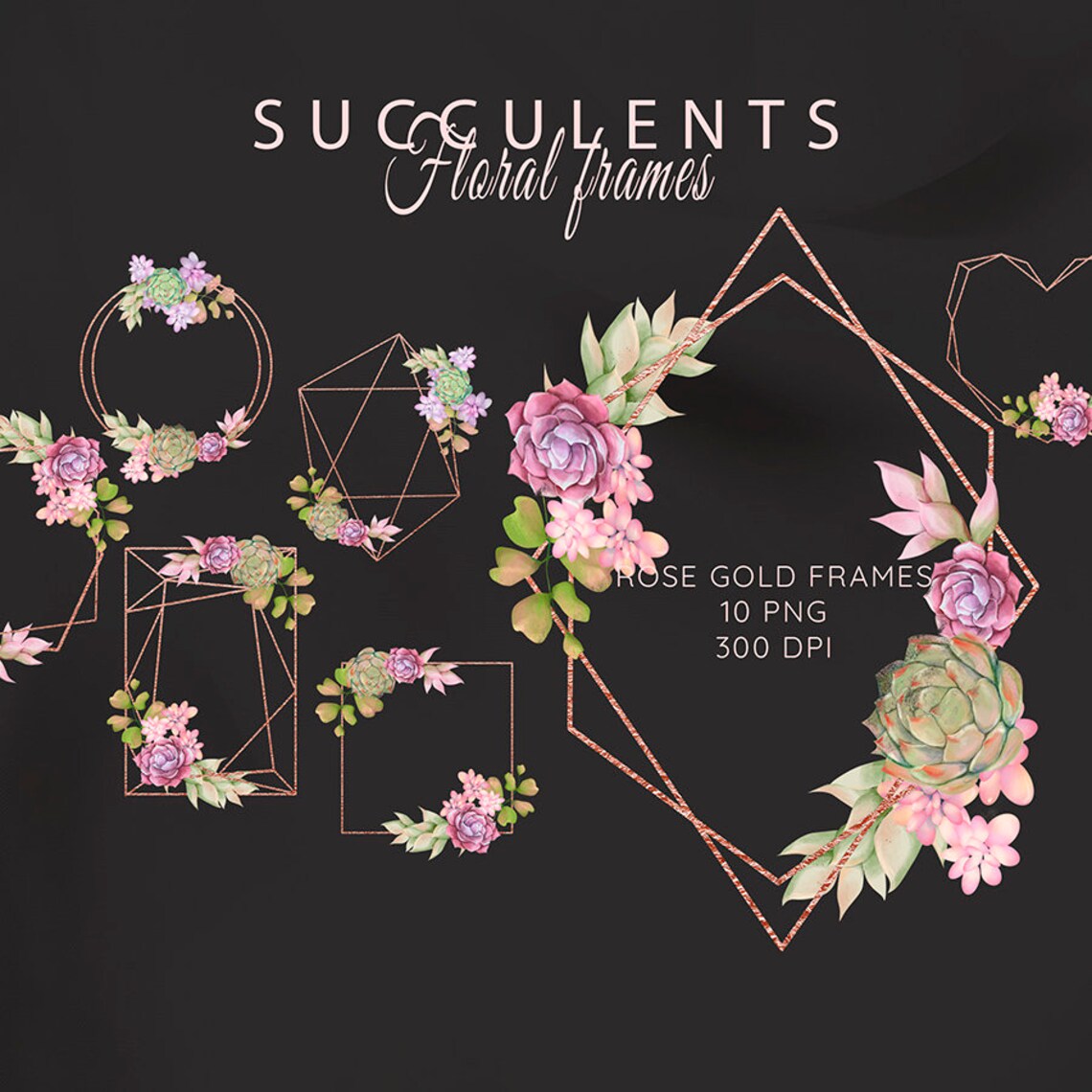 Watercolor Succulent Frames, Succulents Clipart, Cactus Frames, Gold ...