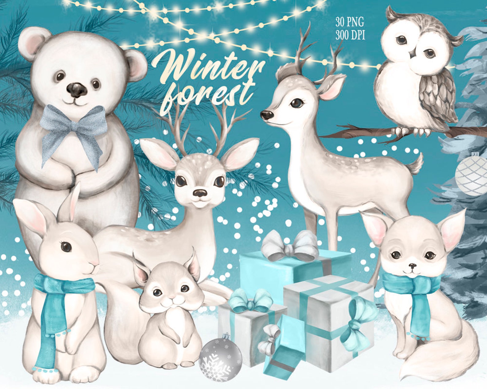 Woodland Winter Animals Clipart Watercolor Christmas Animal - Etsy