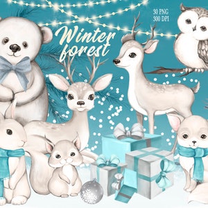 Woodland Winter Animals Clipart, Watercolor Christmas Animal, White ...