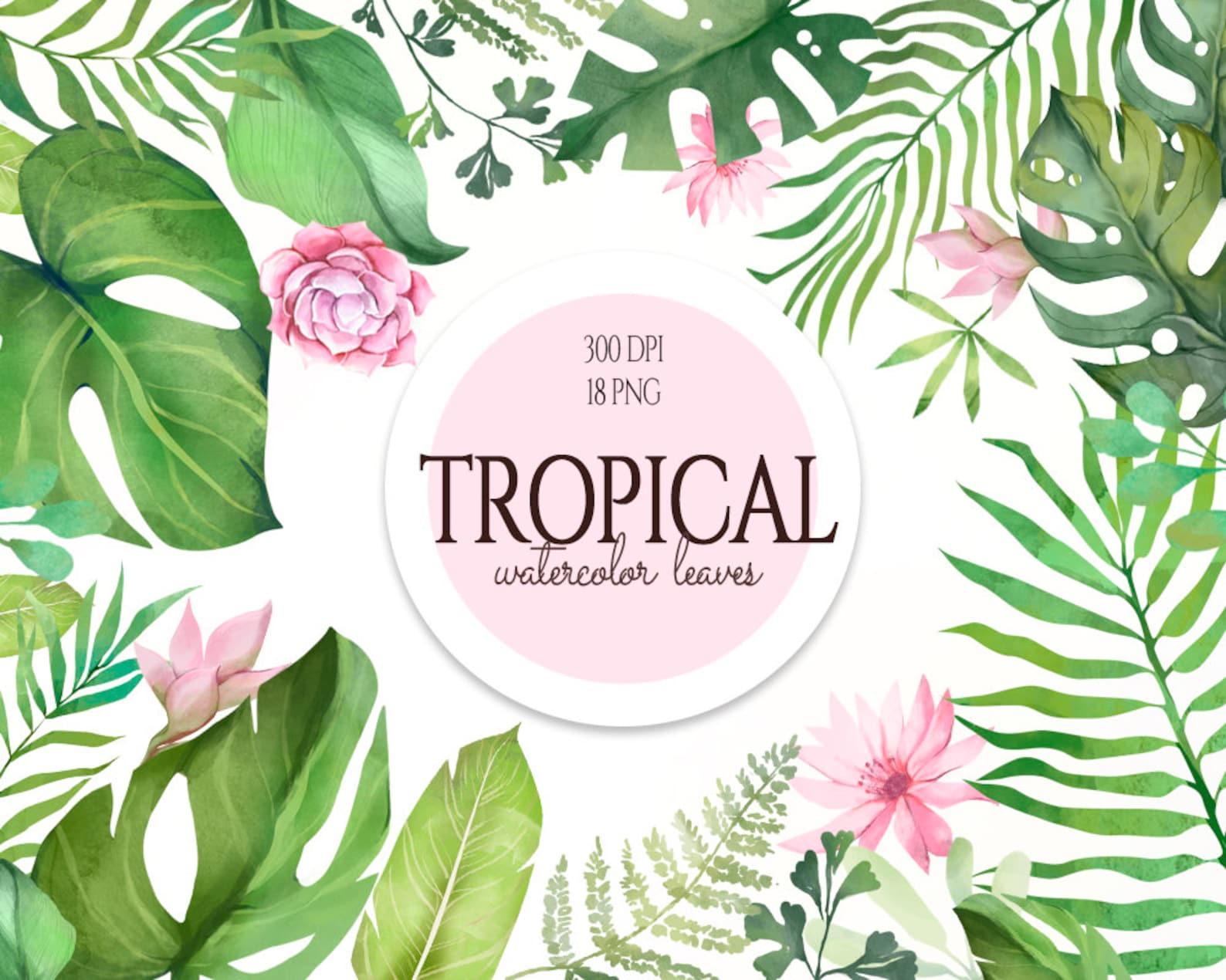 Tropical Foliage, Watercolor Leaves Clipart, Tropical Palm Leaf, Jungle ...