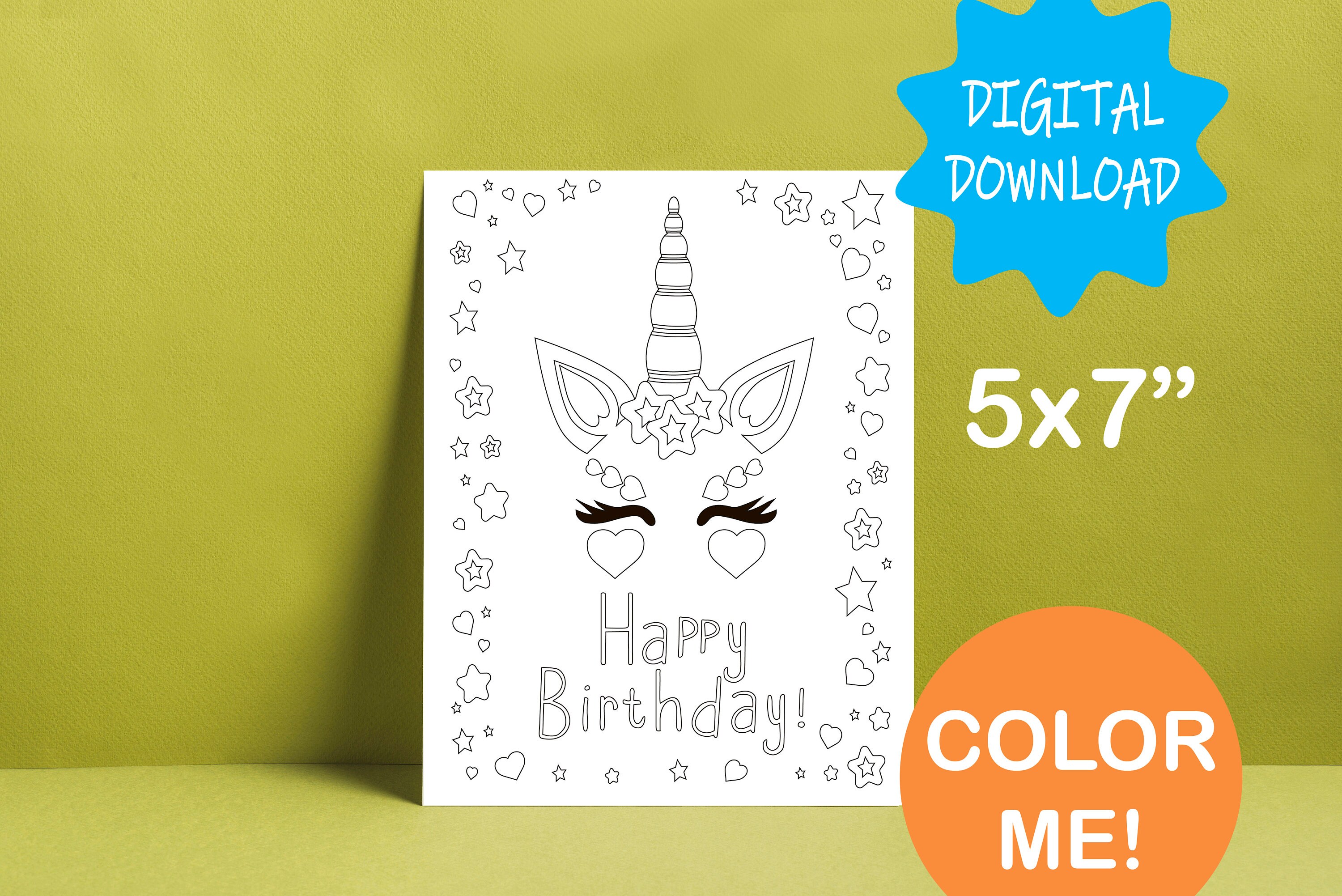 Unicorn Birthday Printable Coloring Card 5x7 Colorable | Etsy