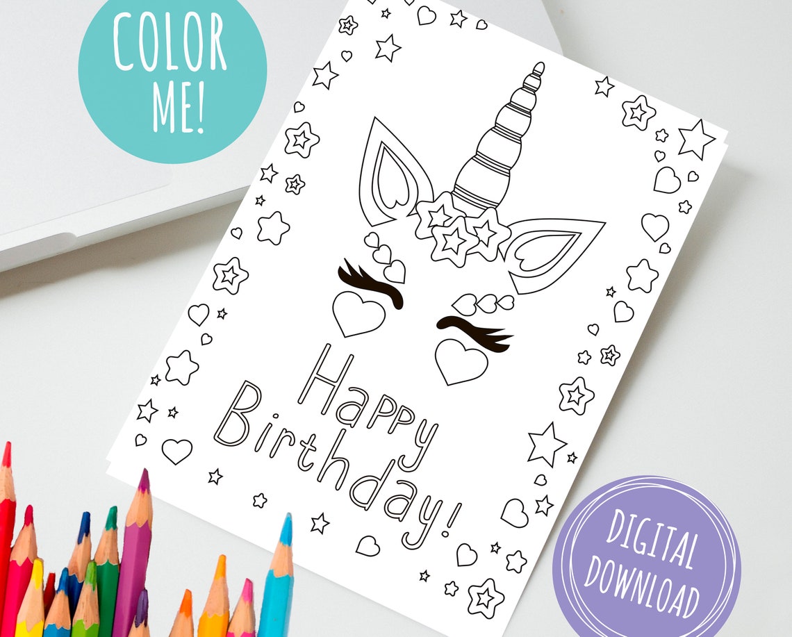 Unicorn Birthday Printable Coloring Card 5x7 Colorable - Etsy
