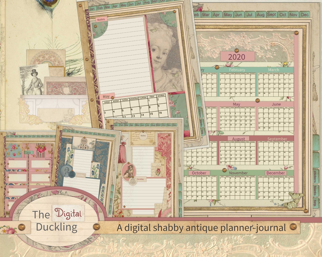 2024 Updated Digital Planner, Calendar, Dairy Vintage Collage Shabby ...