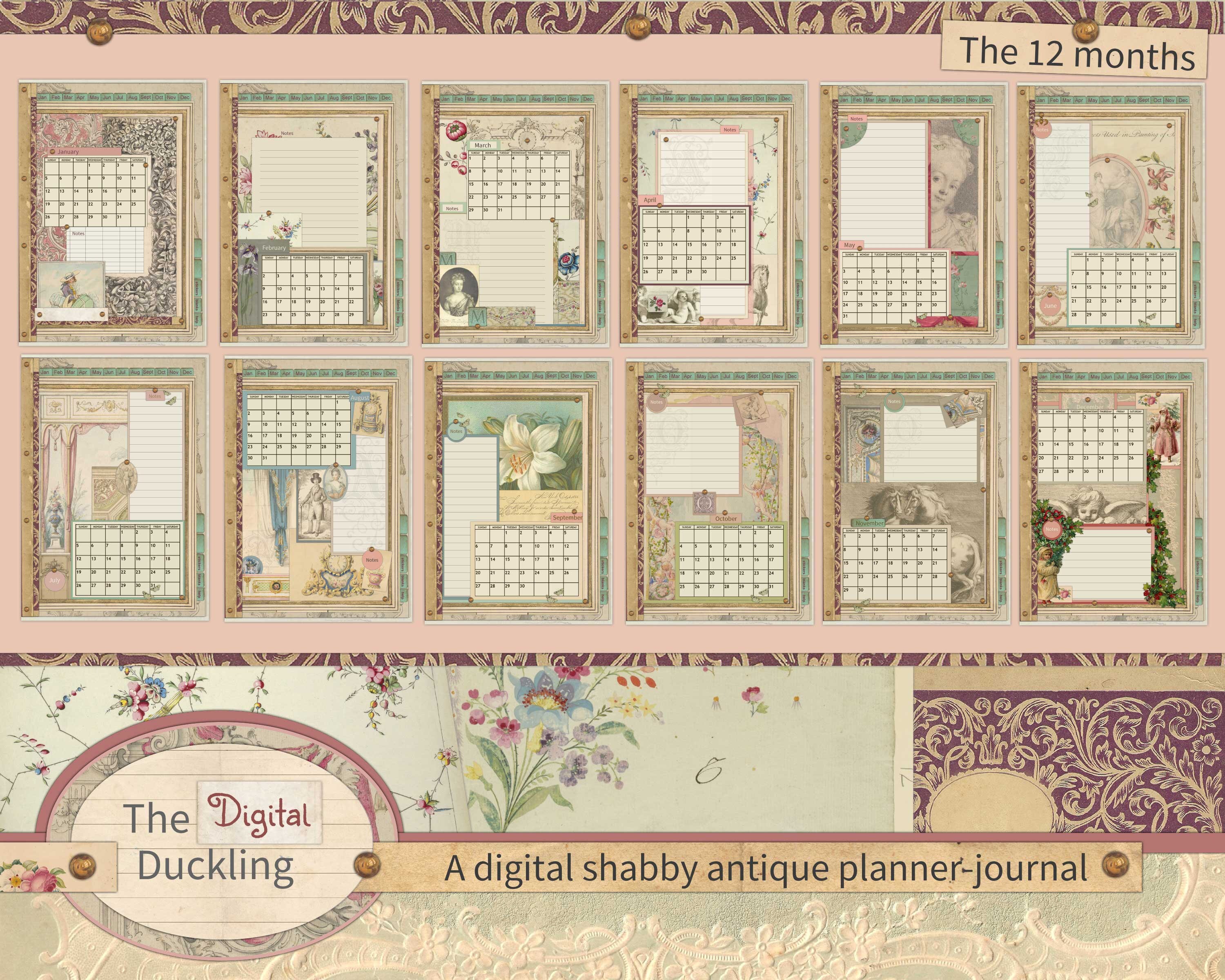 2024 Updated Digital Planner, Calendar, Dairy Vintage Collage Shabby ...