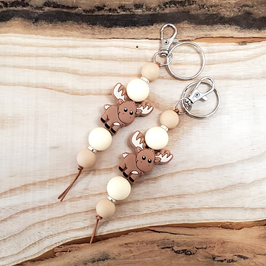 Cute Moose Beaded Keychain Lanyard Key Fob Key Ring, Lanyard Key Holder ...