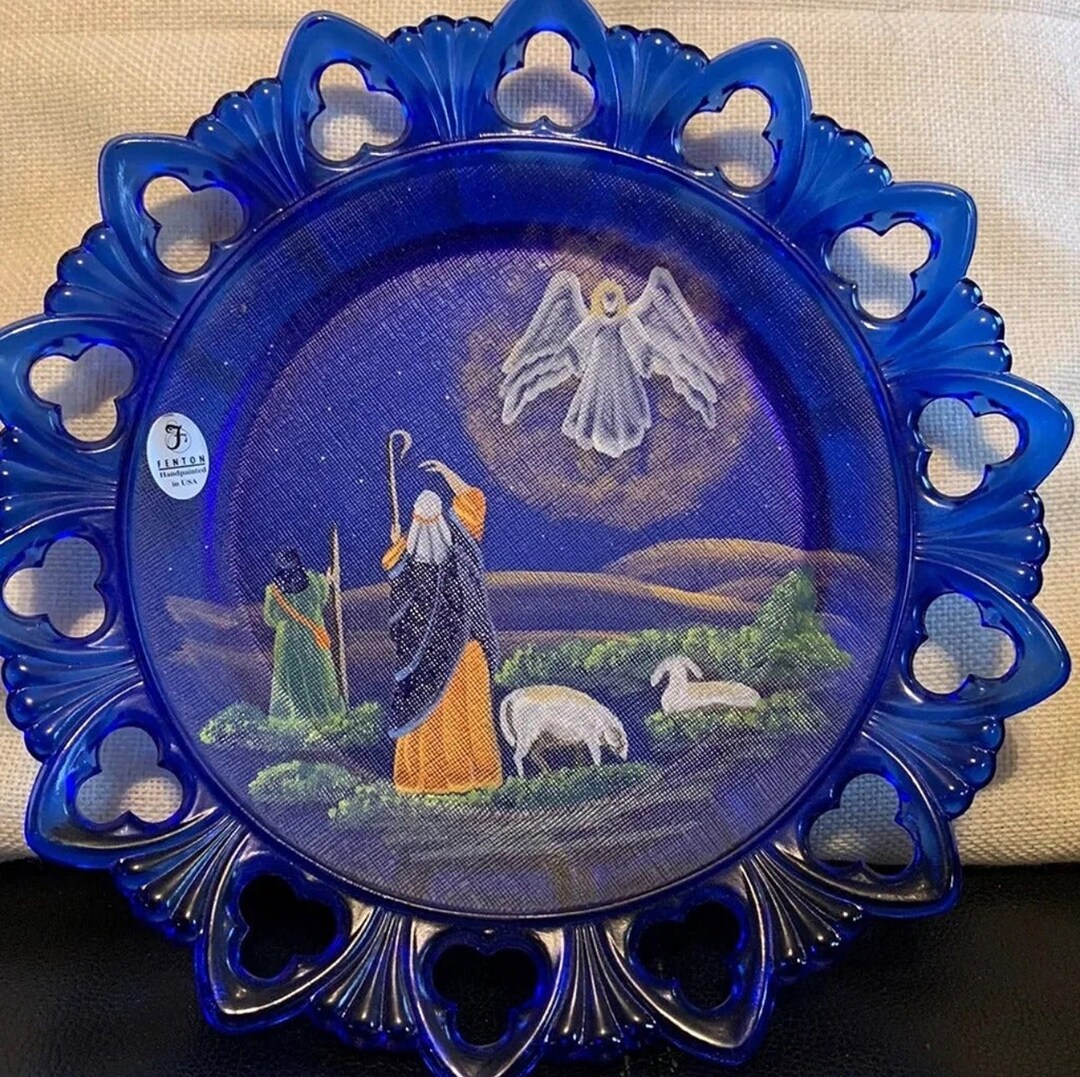 Fenton Family Holiday Plate Cobalt Blue Nativity Scene 1999 Signed ...