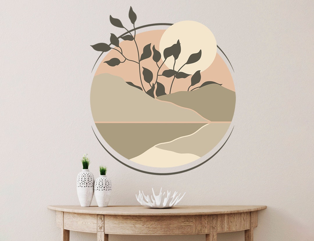 Full Mountain Circle Wall Decal, Boho Moon Phases Sun Decor Stickers ...