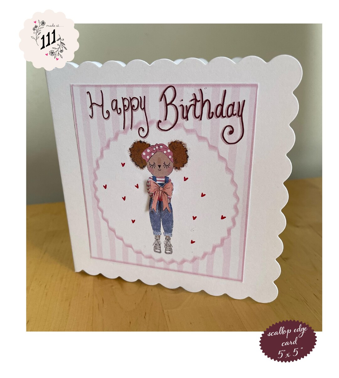 Girls Character Happy Birthday Card, Scallop Edge, 3D Bow, Handmade ...