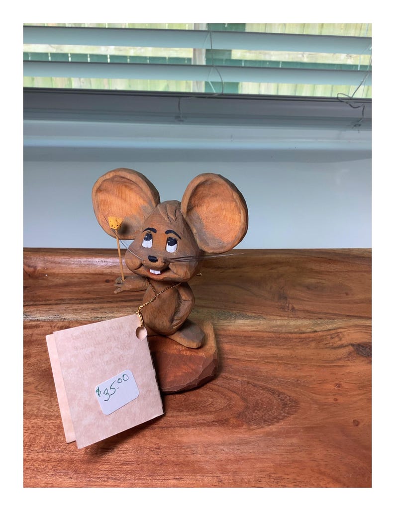 Bev Bacon Hand Carved Wooden Mouse Figurine, Whimsical Folk Art Animal ...