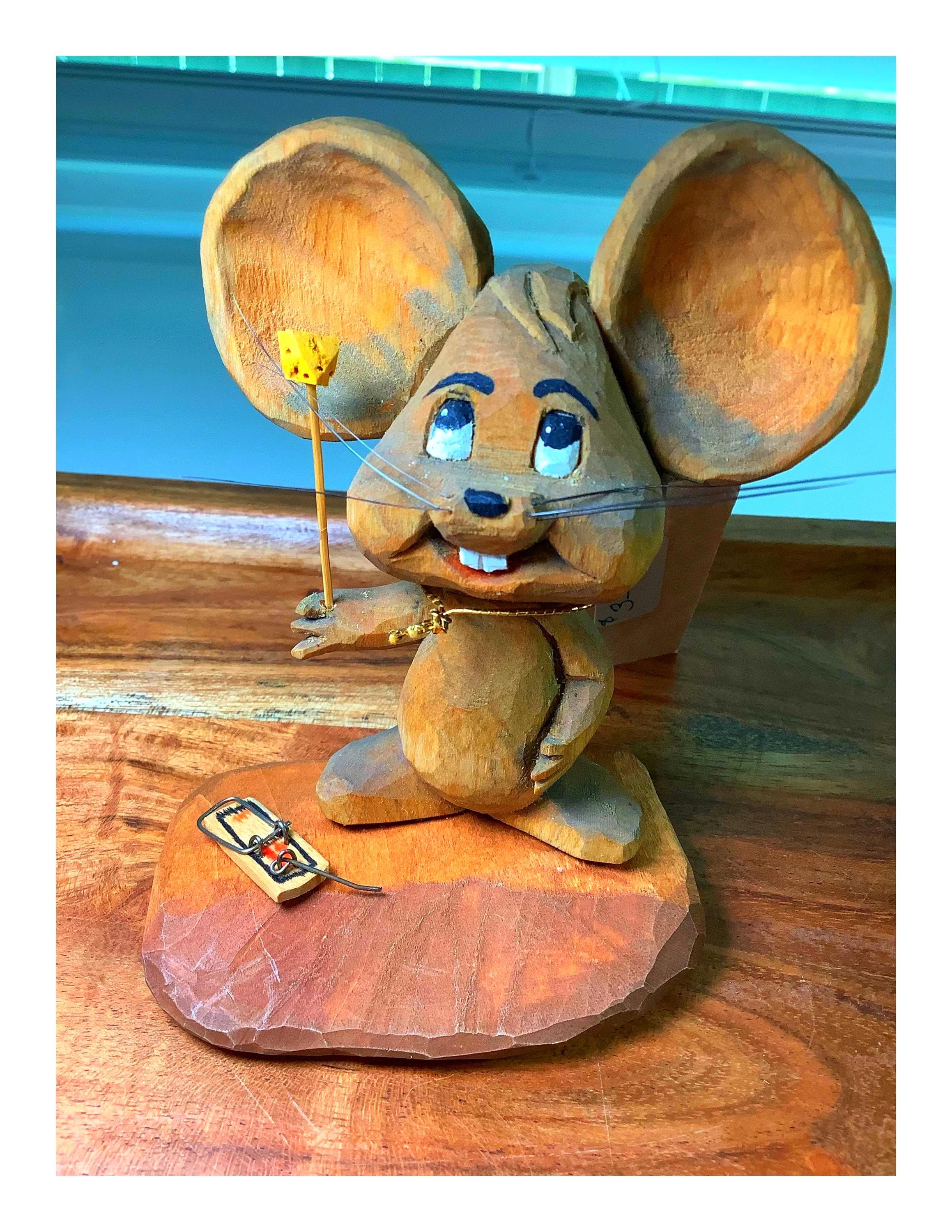 Bev Bacon Hand Carved Wooden Mouse Figurine, Whimsical Folk Art Animal ...