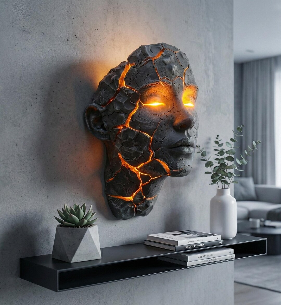 Volcanic Magma Face Wall Sculpture - Gothic Dark Fantasy Art, Burning ...