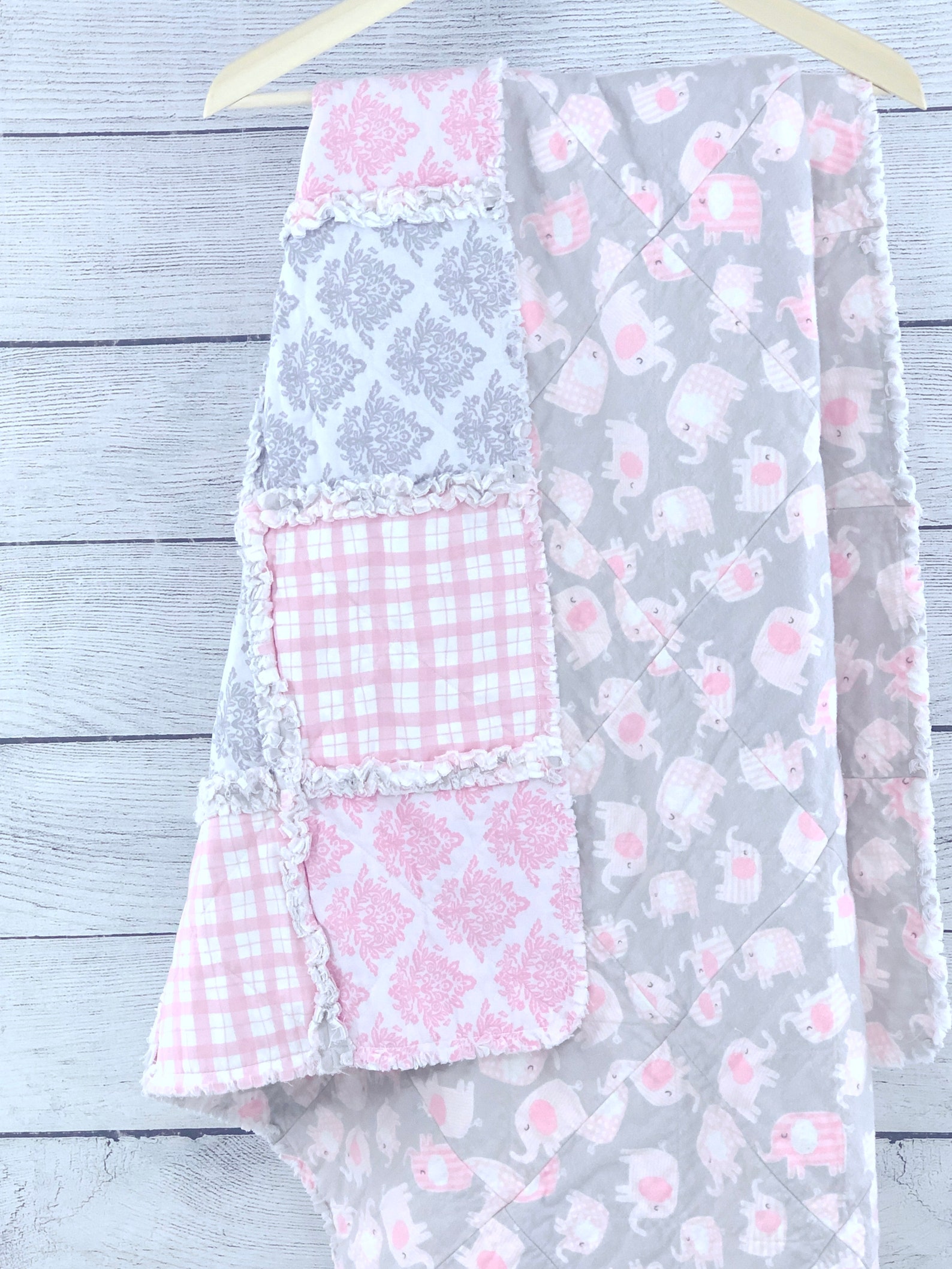 Lavender & Pink Elephant Rag-style Baby Quilt Damask Nursery Bedding - Etsy