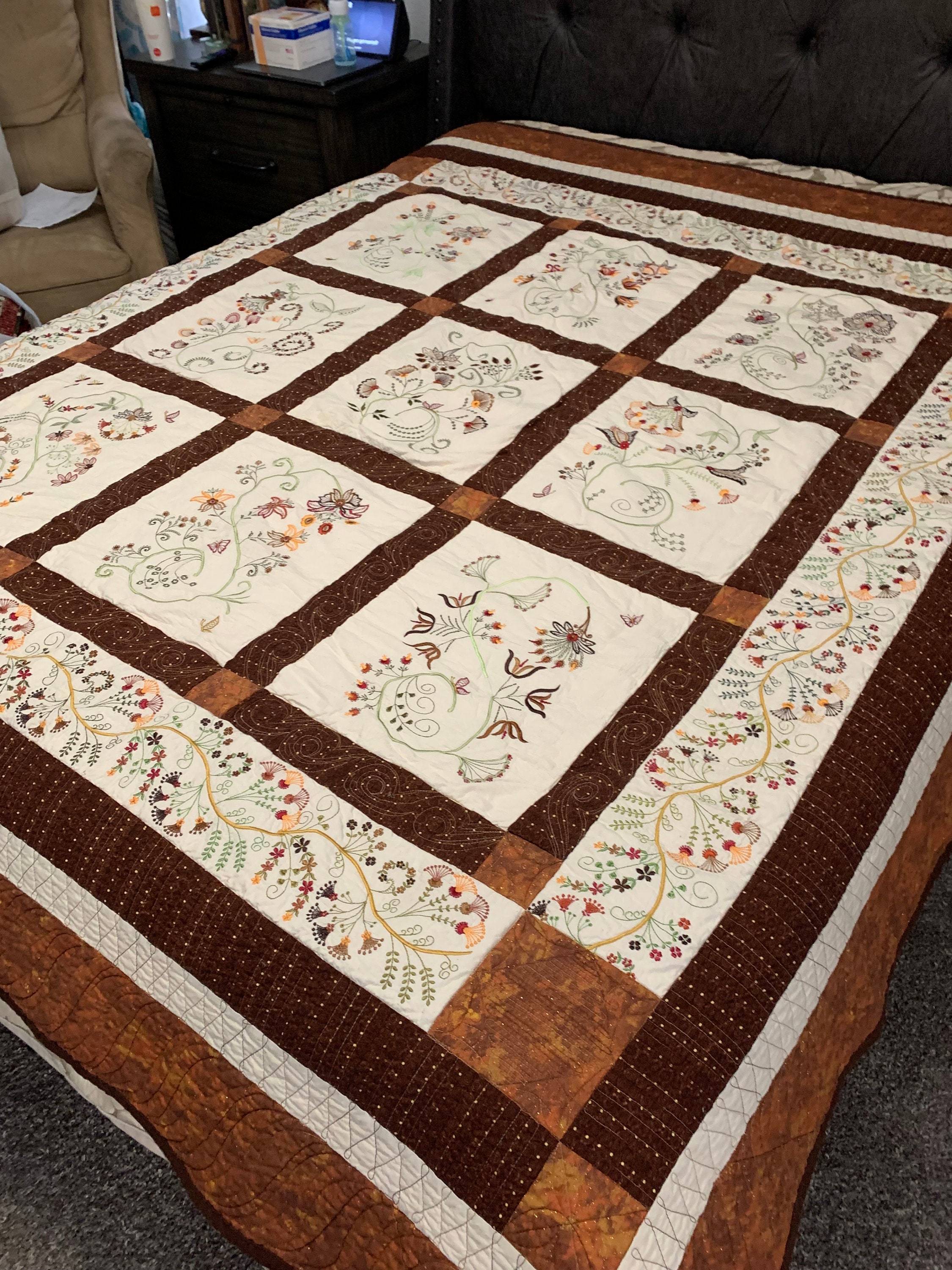 Queen Size Hand-crafted Brown and Taupe Marigold Pattern Designer ...