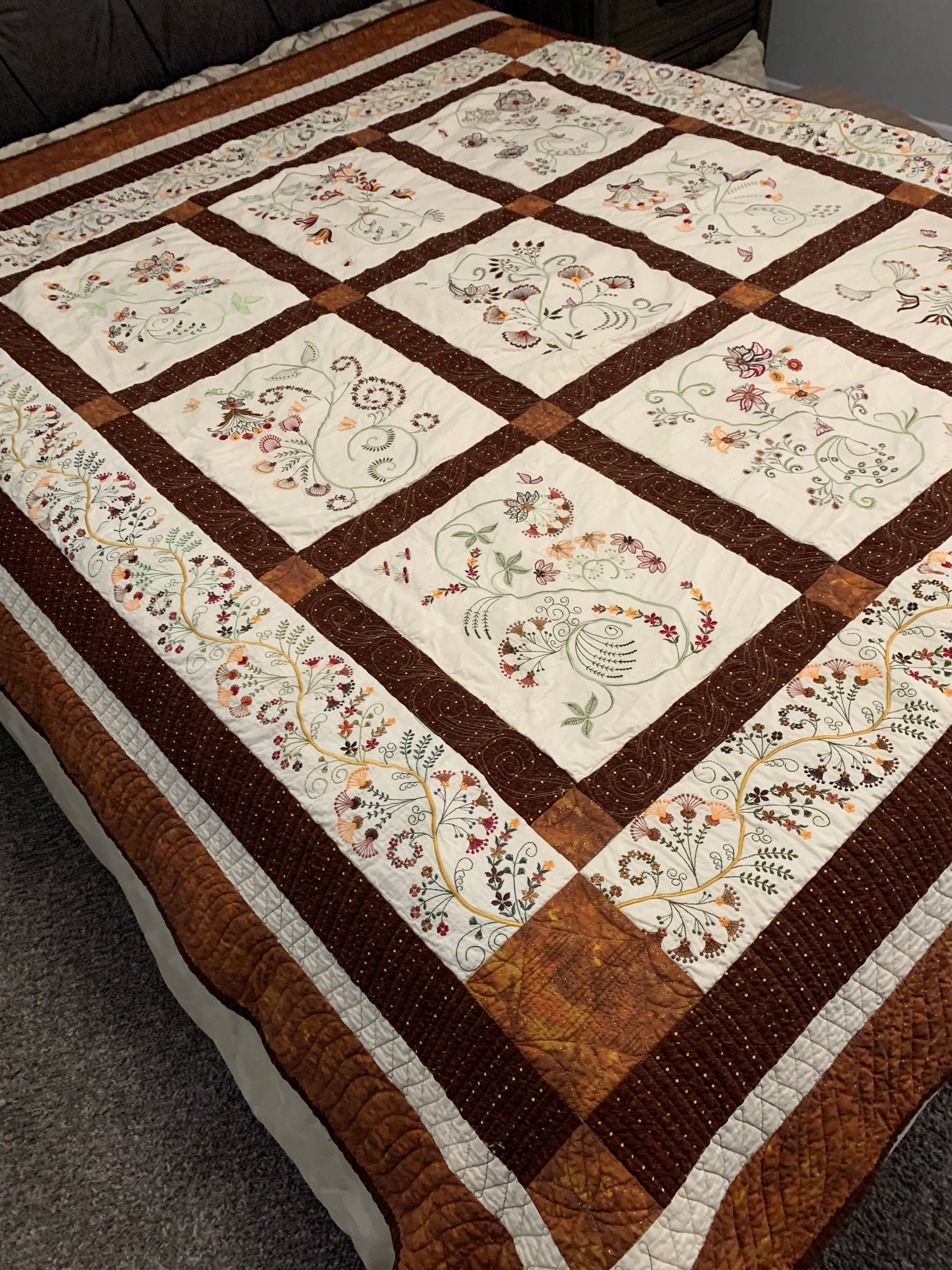 Queen Size Hand-crafted Brown and Taupe Marigold Pattern Designer ...