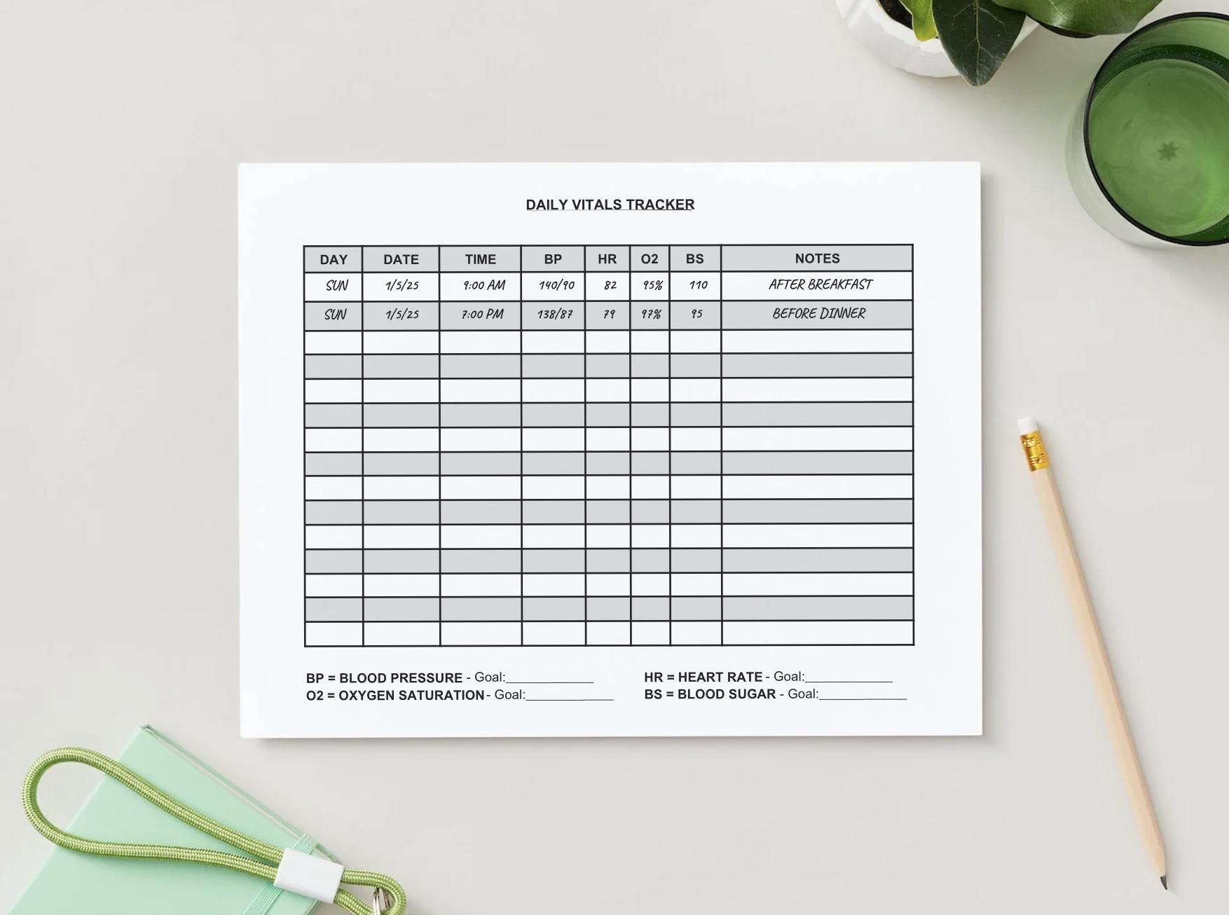 Printable Daily Vital Sign Tracking Sheet - Large and Bold Print ...
