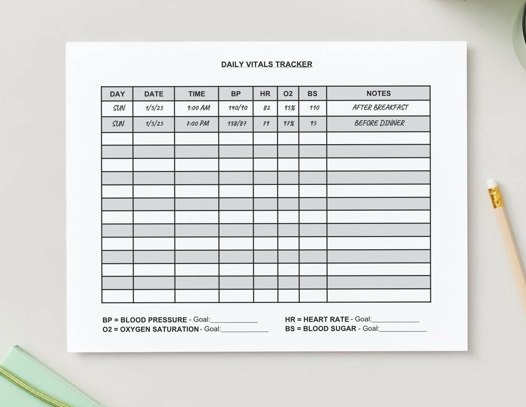 Printable Daily Vital Sign Tracking Sheet - Large and Bold Print ...