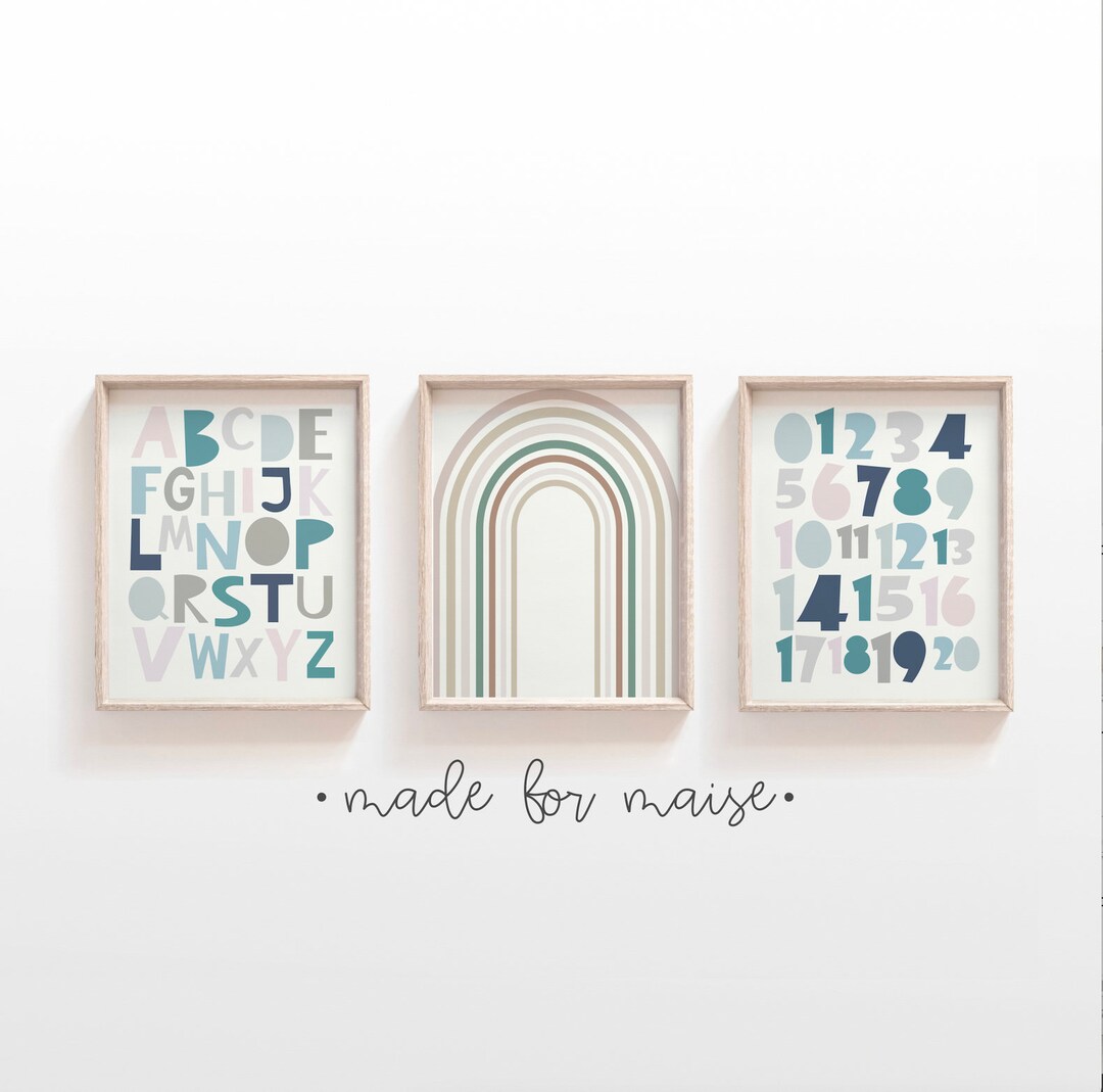 Set of 3 Educational Posters, Rainbow Print, Pastel Alphabet Poster ...