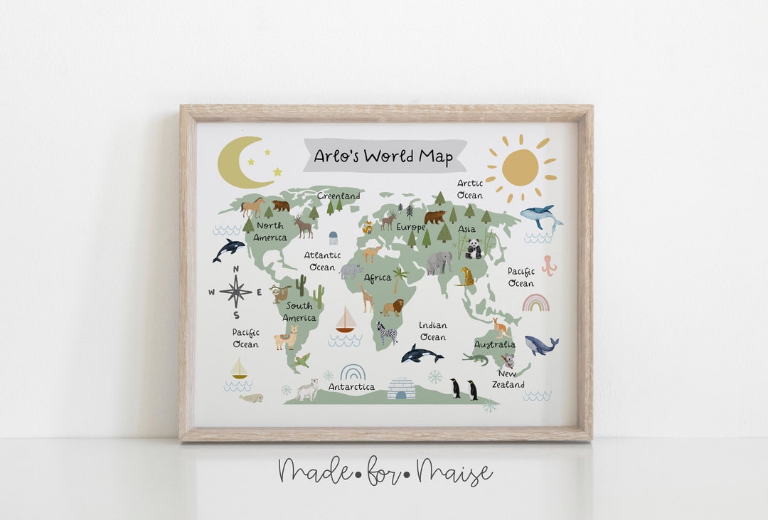 Personalised Boys World Map Print, Green Print, Nursery Wall Art ...