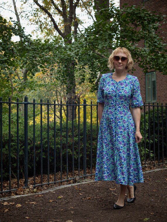 80s Vintage Floral Midi Button Front Shirtdress - Gem