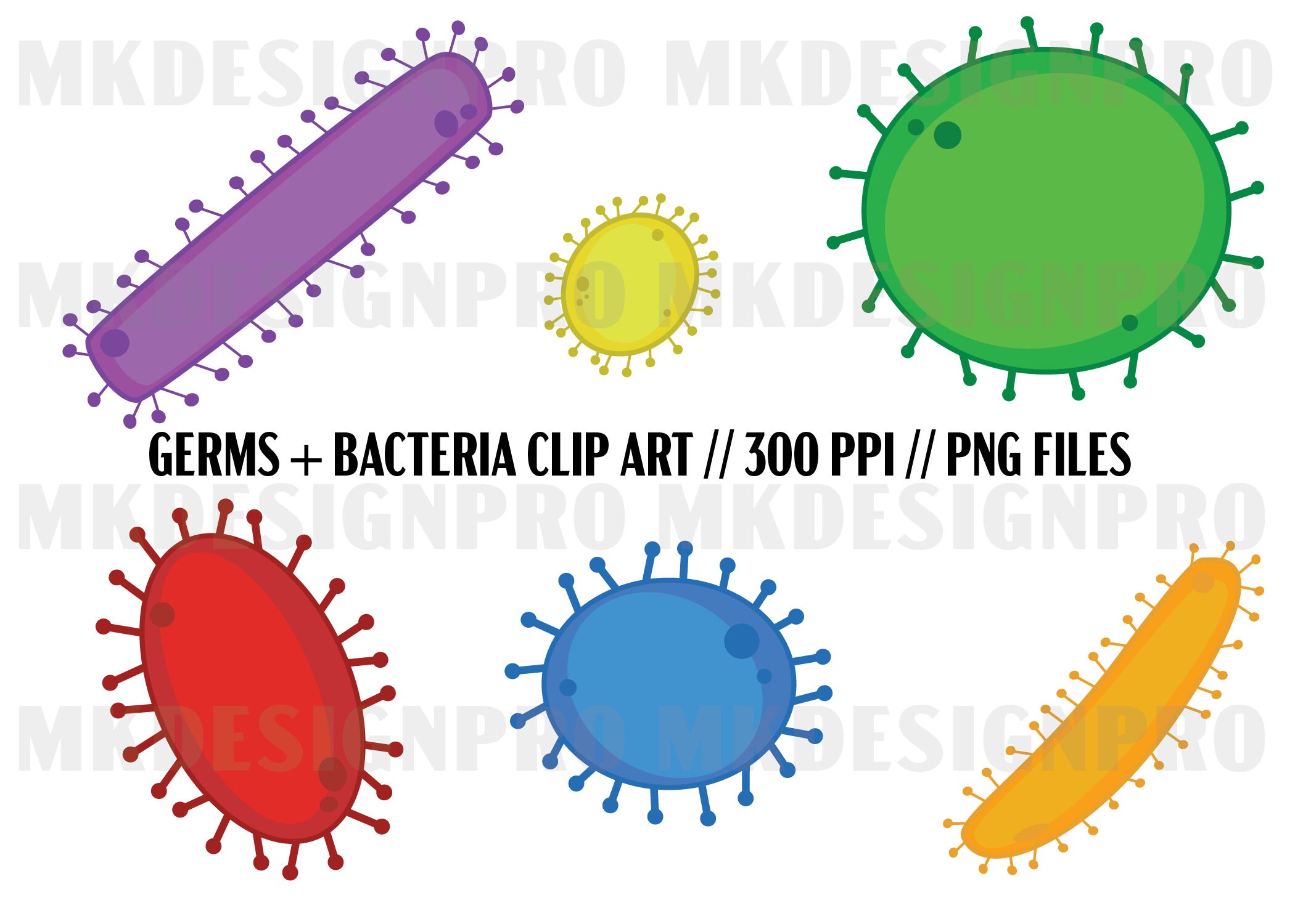Bacteria & Germs Clip Art, Prints, Stickers - 6 Colors // Digital ...