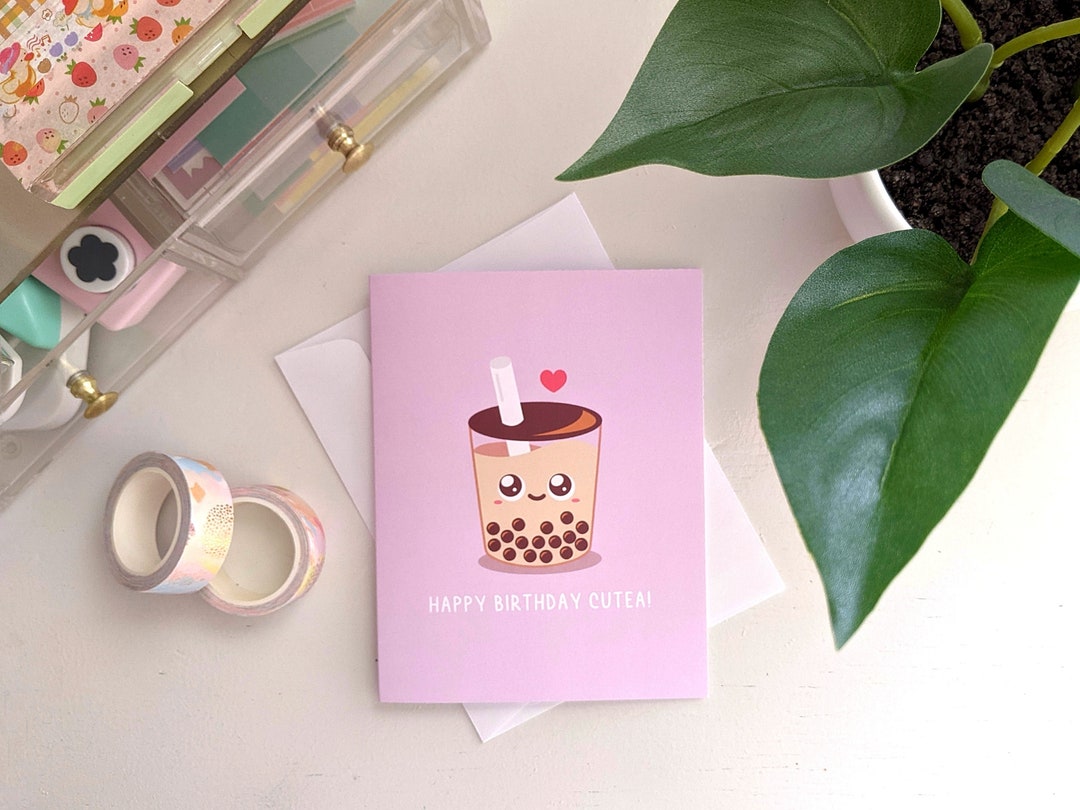 Happy Birthday Cutea Boba Greeting Card | Bubble Tea, Asian Food Pun ...