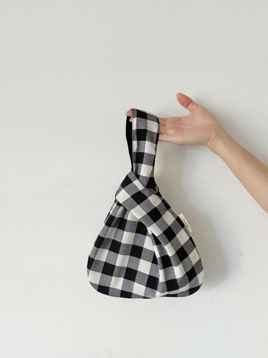 Handmade Checkered Knot Bag, Japanese Knot Bag, Black Women Bag, Small ...