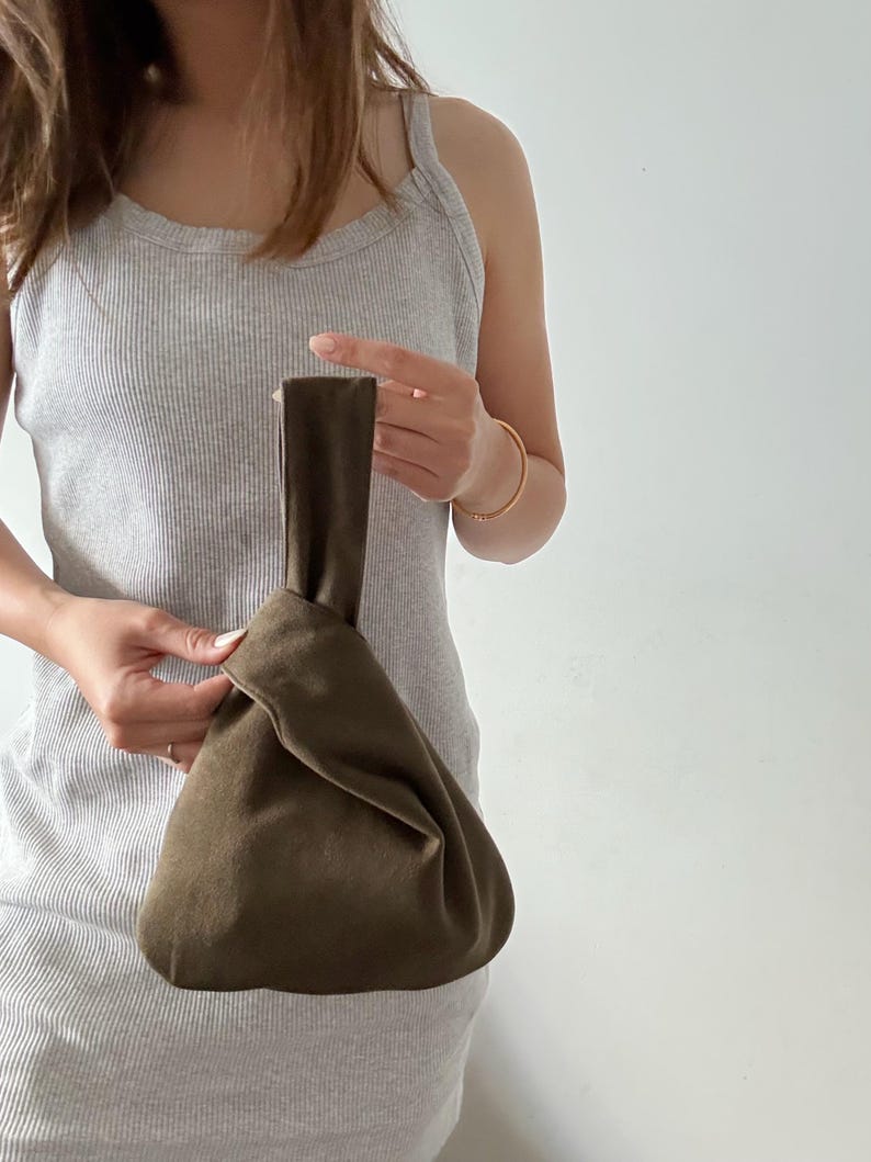 Handmade Soft Vegan Suede Japanese Knot Bag, Minimalist Wristlet, Small ...