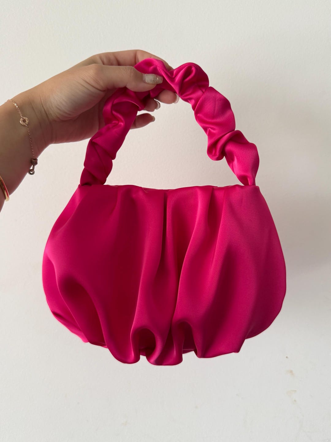 Soft Hot Pink Satin Ruffle Handle Bag, Handmade Bridal Purse, Elegant ...