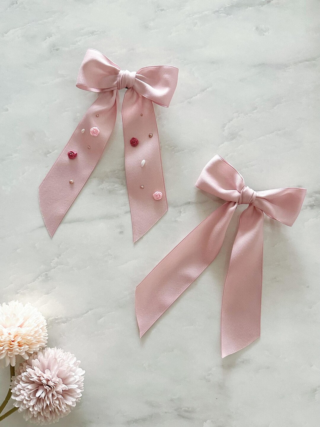 Matte Pink Satin Ribbon Long Tail Hair Clip for Kids to Adults, Roses ...
