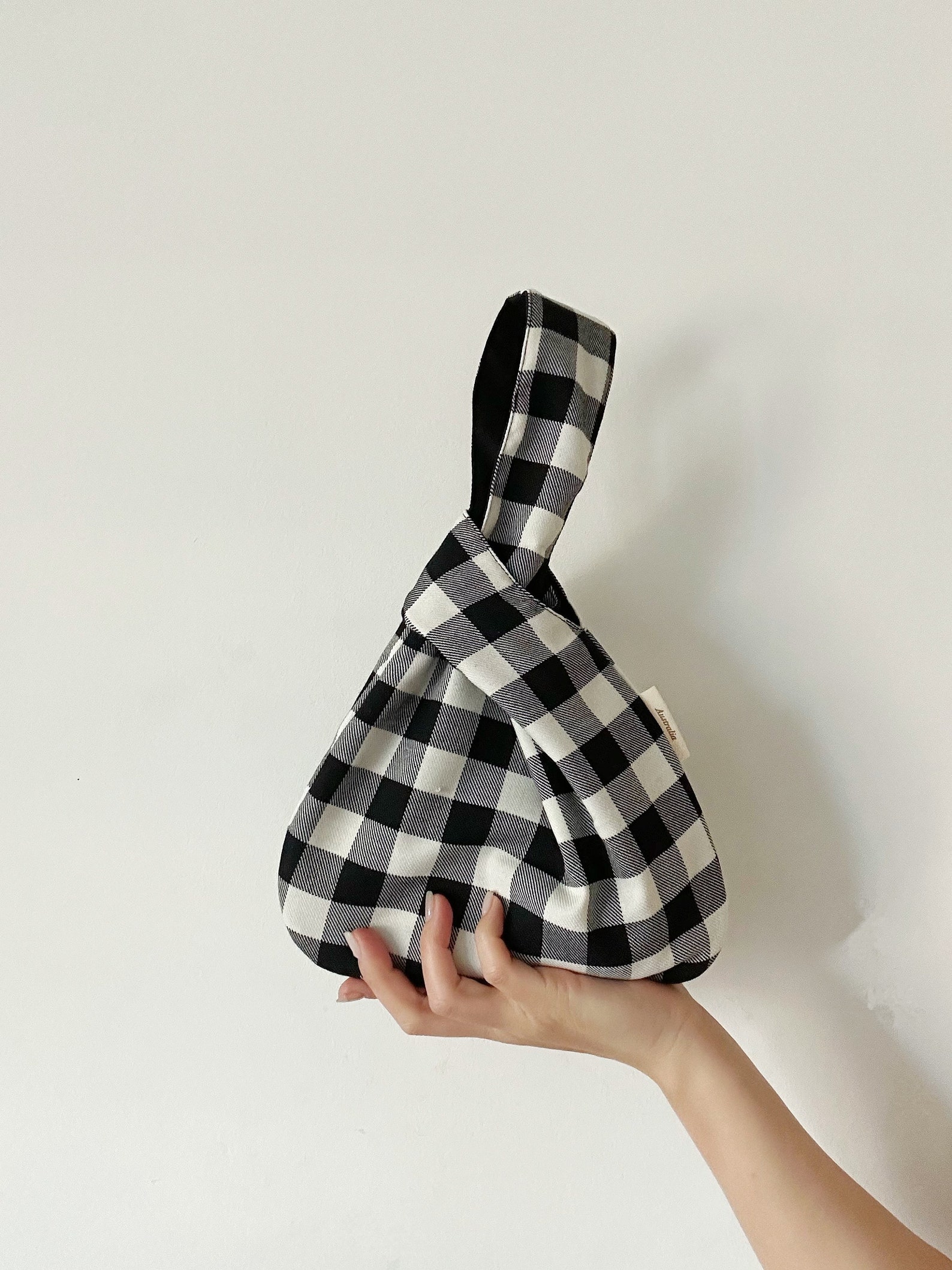 Handmade Checkered Knot Bag, Japanese Knot Bag, Black Women Bag, Small ...