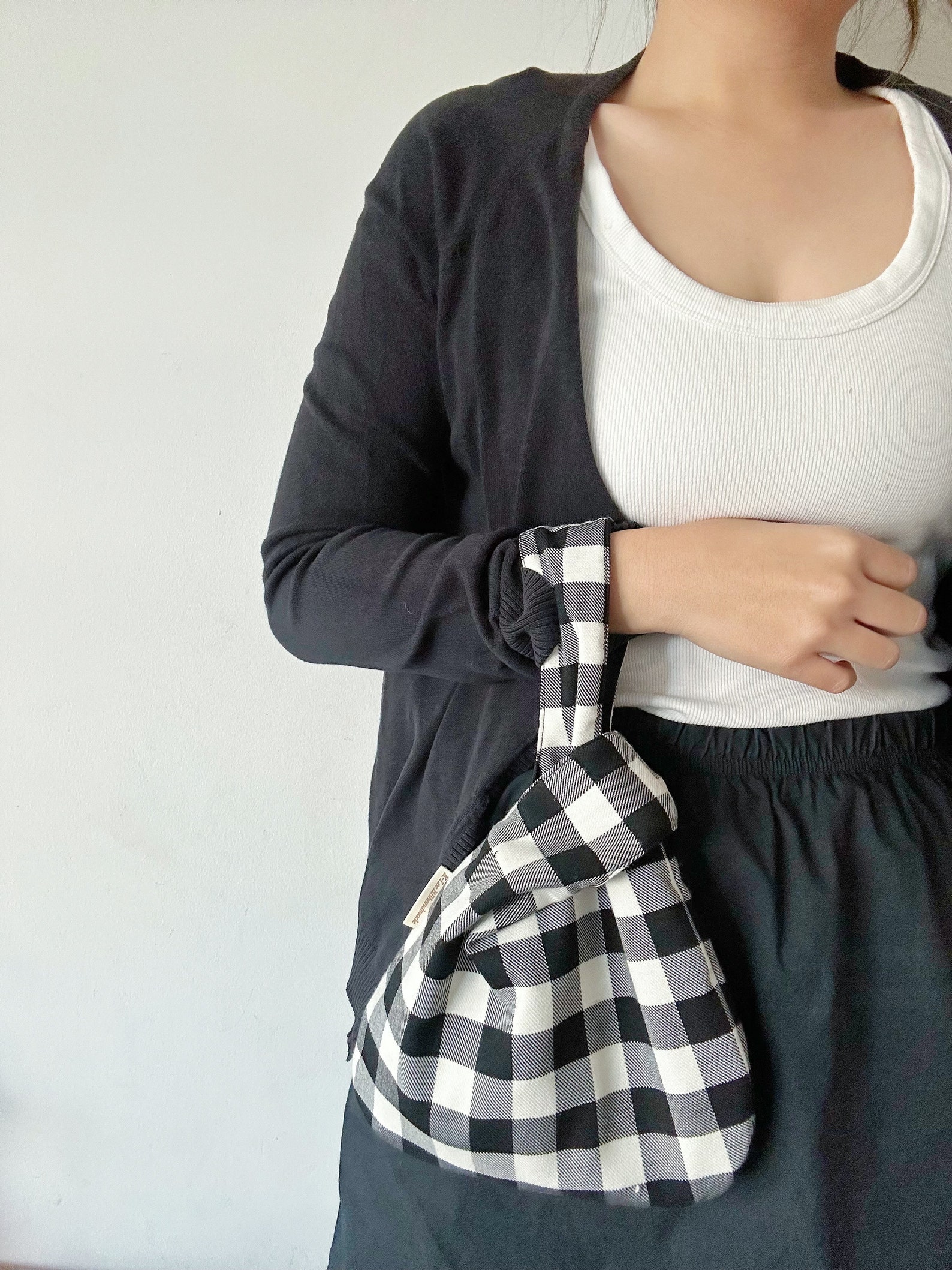 Handmade Checkered Knot Bag, Japanese Knot Bag, Black Women Bag, Small ...