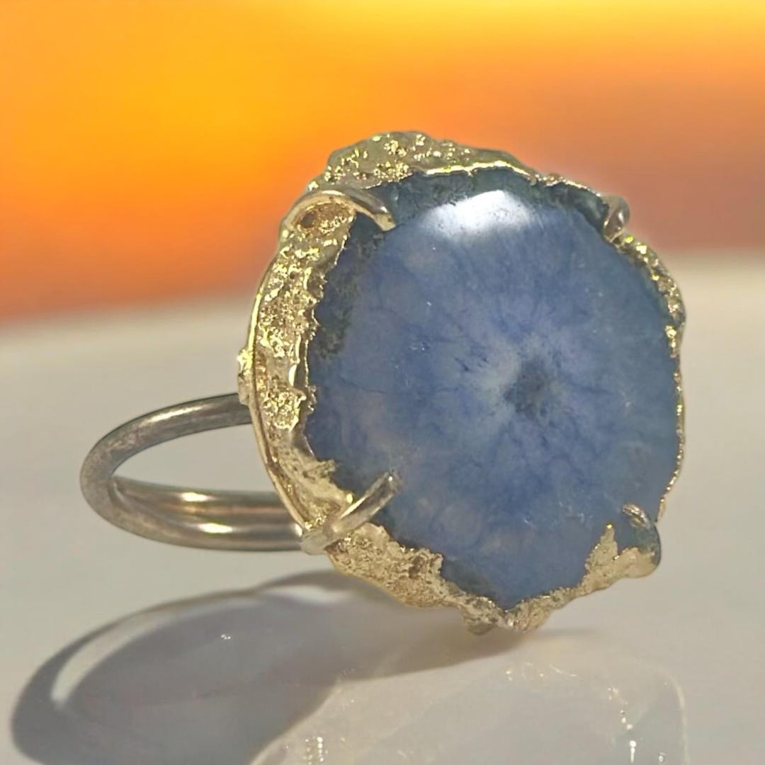 Blue Agate Adjustable Ring - Blue Cocktail Ring - Druzy Ring - Rough ...