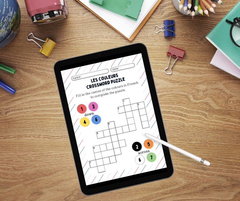 French Colour Vocabulary Crossword Worksheet With Answer Sheet for ...