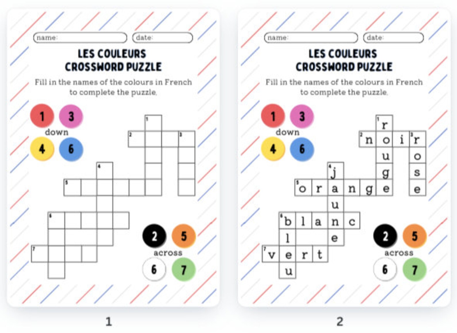 French Colour Vocabulary Crossword Worksheet With Answer Sheet for ...