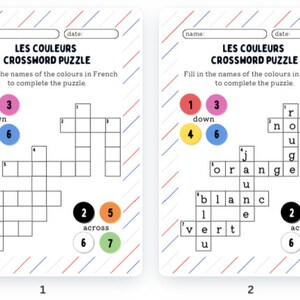 French Colour Vocabulary Crossword Worksheet With Answer Sheet for ...