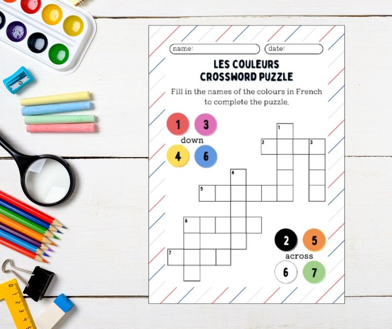 French Colour Vocabulary Crossword Worksheet With Answer Sheet for ...