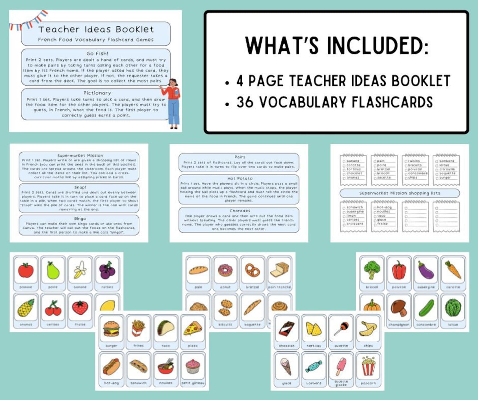 Learn French Lesson Pack! Cute Food Vocabulary Flashcards and Teacher ...