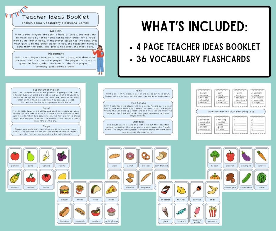 Learn French Lesson Pack! Cute Food Vocabulary Flashcards and Teacher ...