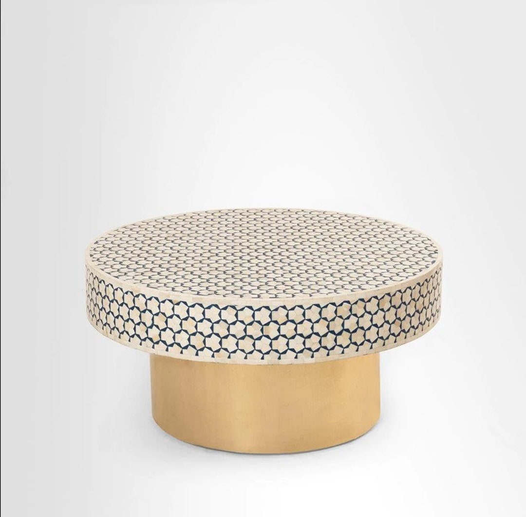 Round Bone Inlay Coffee Table Handmade Decorative Accent Table Bone ...