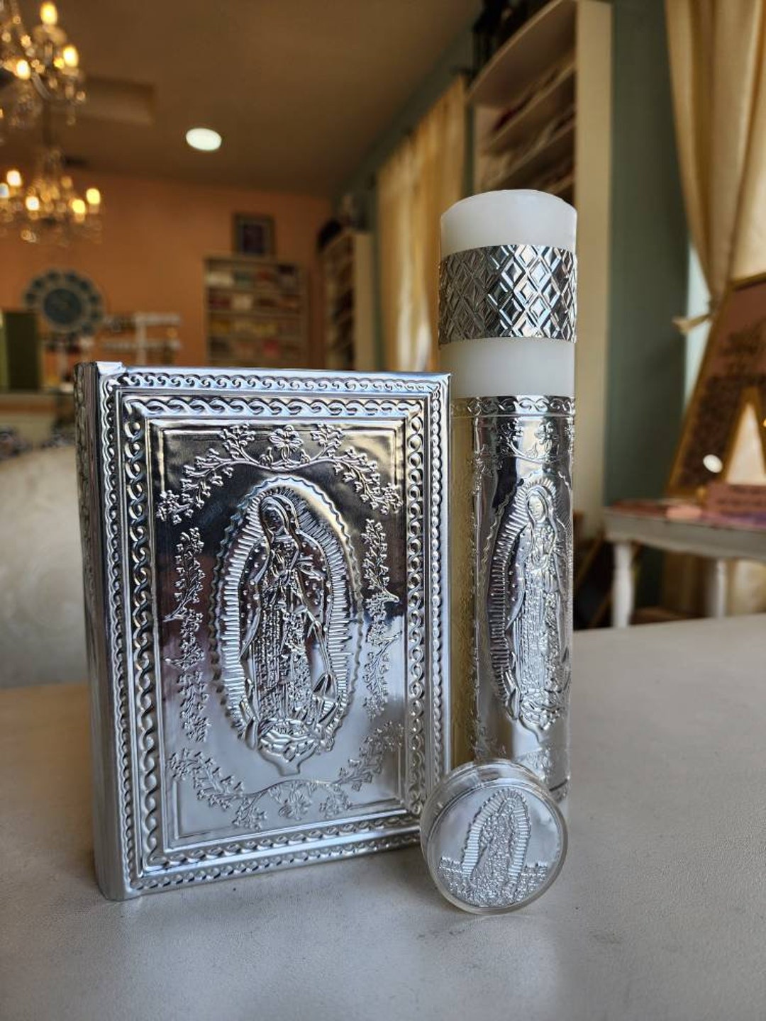 3 Pieces Beautiful Metal Embossed Bible, Candle and Rosary First ...