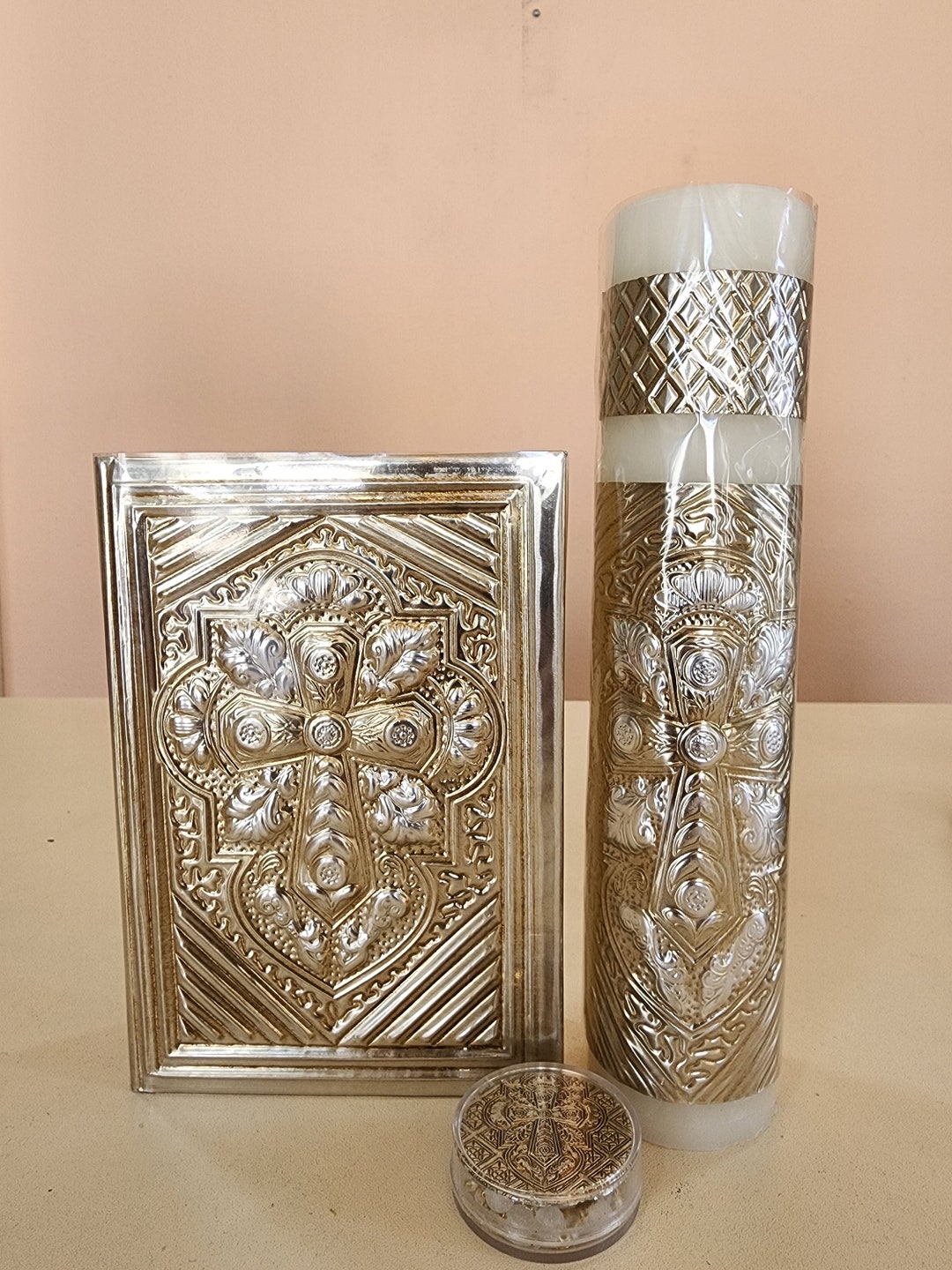 3 Pieces Beautiful Metal Embossed Bible, Candle and Rosary First ...