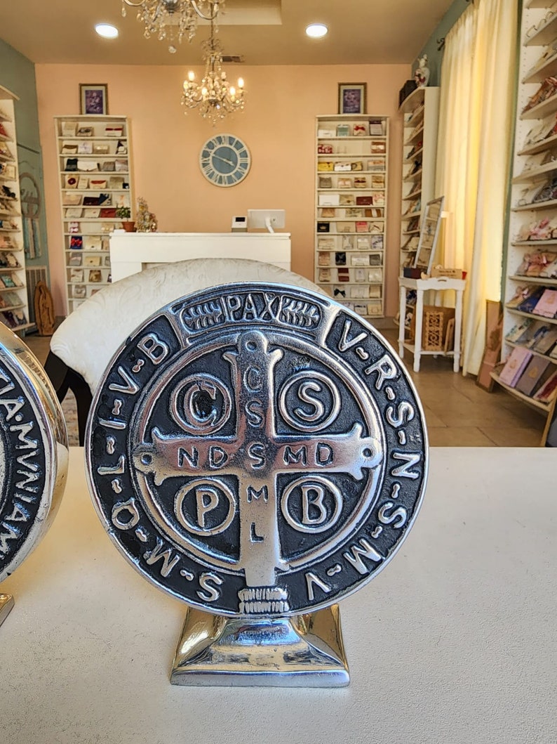 St. Benedict Pewter Doble Sided Medallion With Stand - Etsy