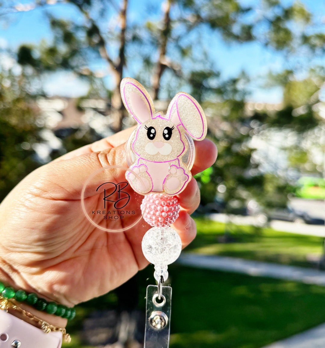 Sitting Bunny Beaded Badge Reel | Cute Bunny Badge Reel | Beaded Badge ...