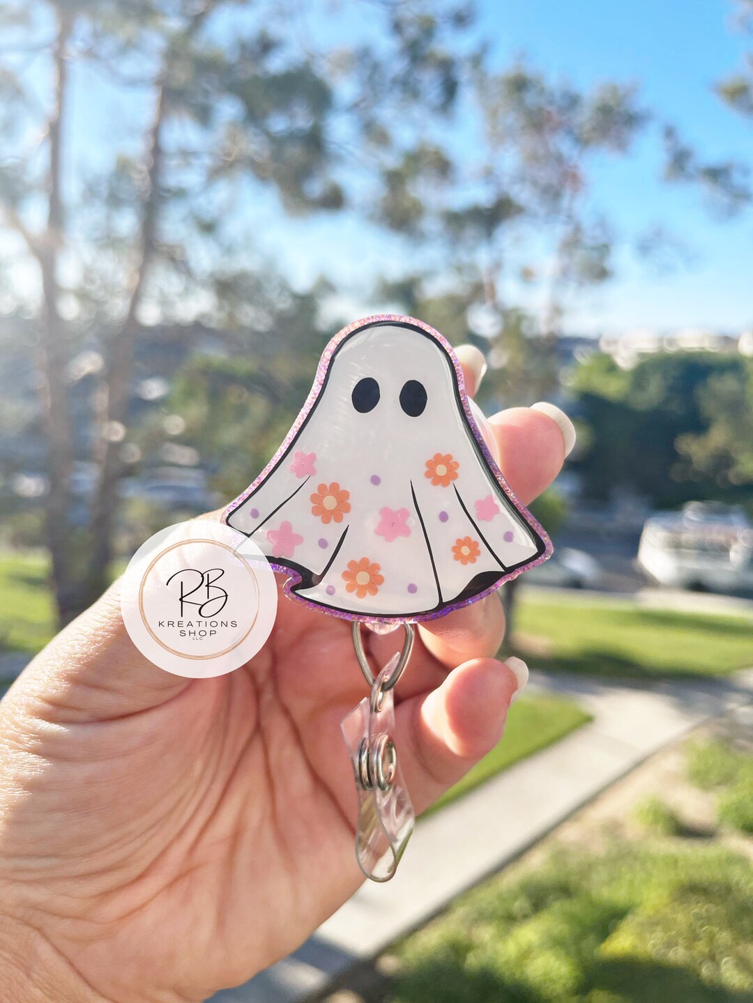 Cute Daisy Ghost Badge Reel | Daisy Ghost Badge Reel | Floral Ghost ...