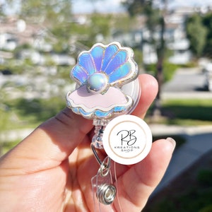 Oyster With Pear Badge Reel | Seashell Badge Reel | Cute Badge Holder ...